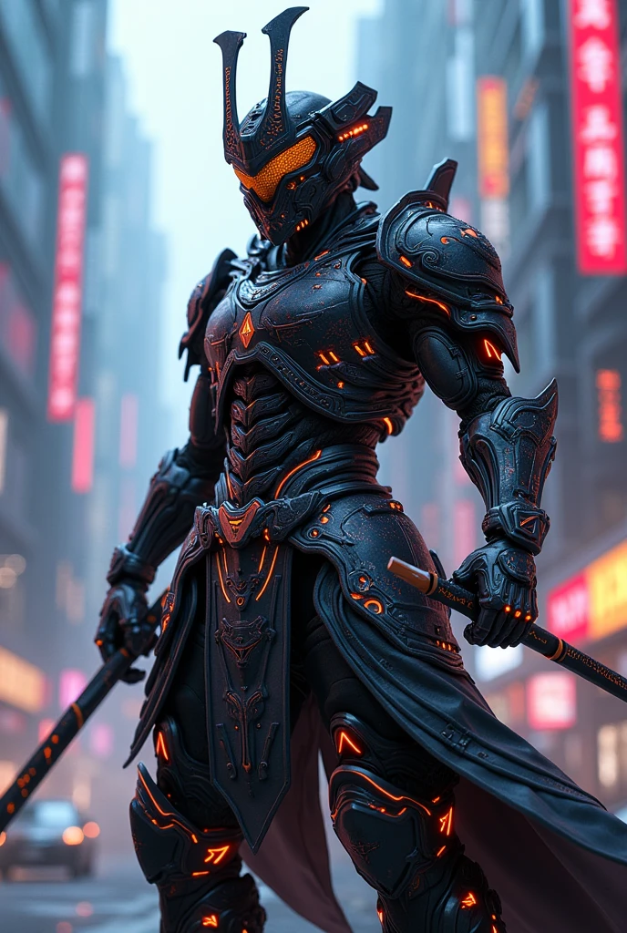 a giraffe in a black suit with a sword and a sword, cyborg samurai ...