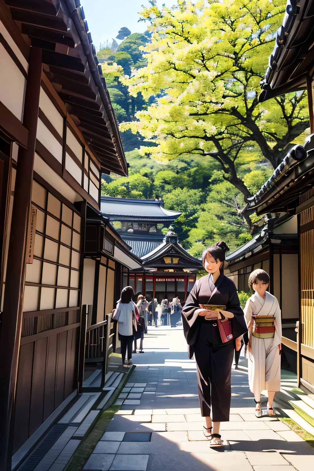 There are people walking down a narrow street in a japanese village ...