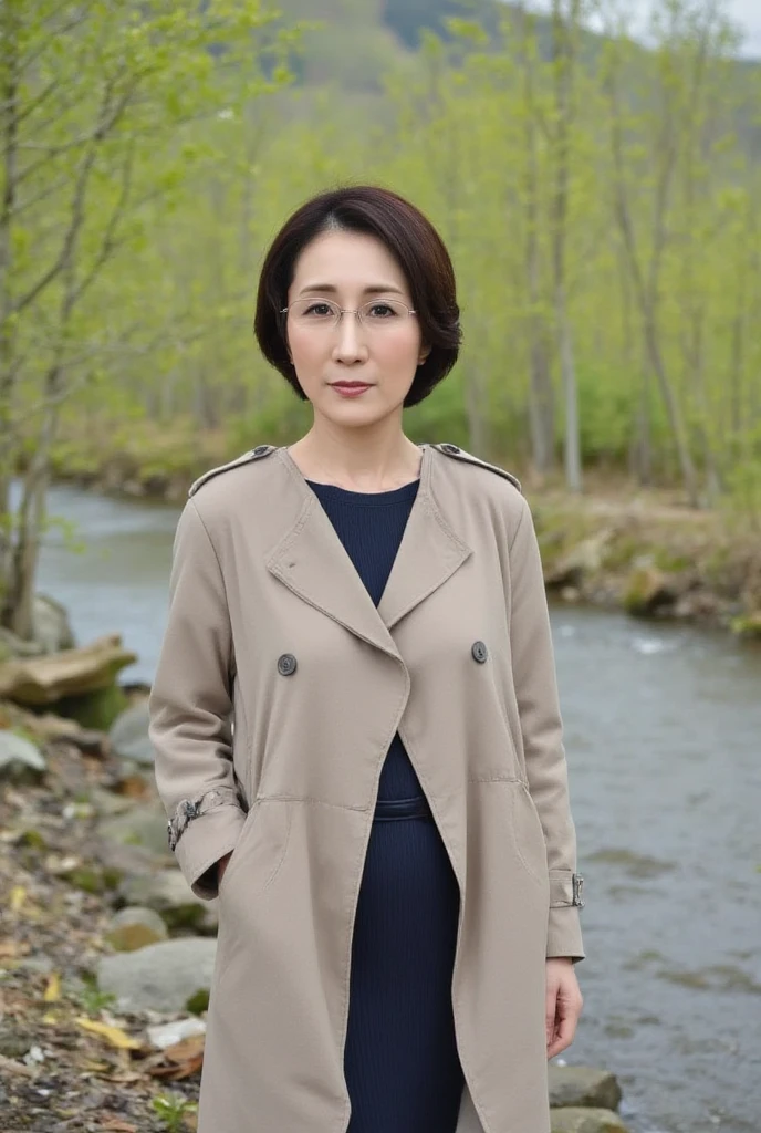 Tohoku aunt beside a mountain stream in early spring，sparse green ...