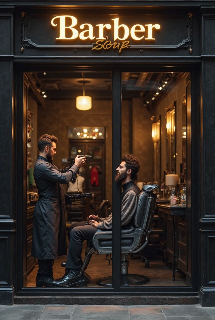 , a very thin barber shop front, small figures, with a shiny - SeaArt AI