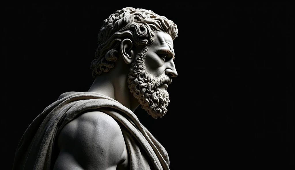 "A majestic statue of a stoic warrior, sculpted in dark marble with ...