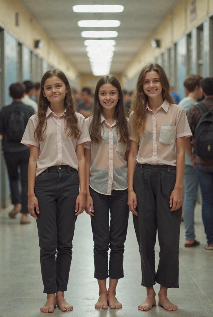 Realistic photo, three barefoot 14-yo schoolgirls wearing long pants ...