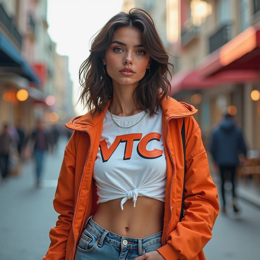 Girl wearing clothes from the VTC brand, the clothes say VTC - SeaArt AI