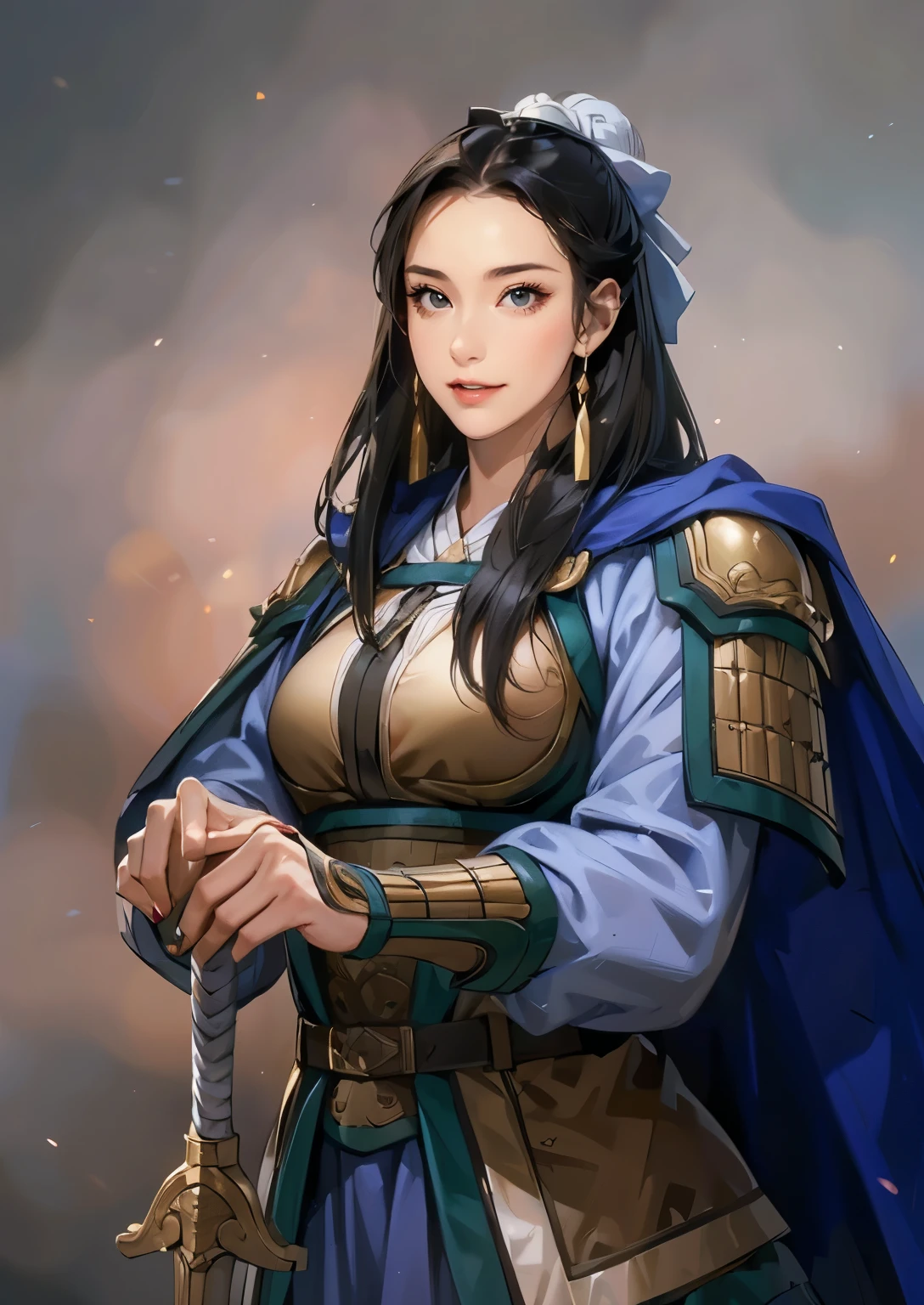 A close up of a woman in a blue and gold outfit holding a sword - SeaArt AI