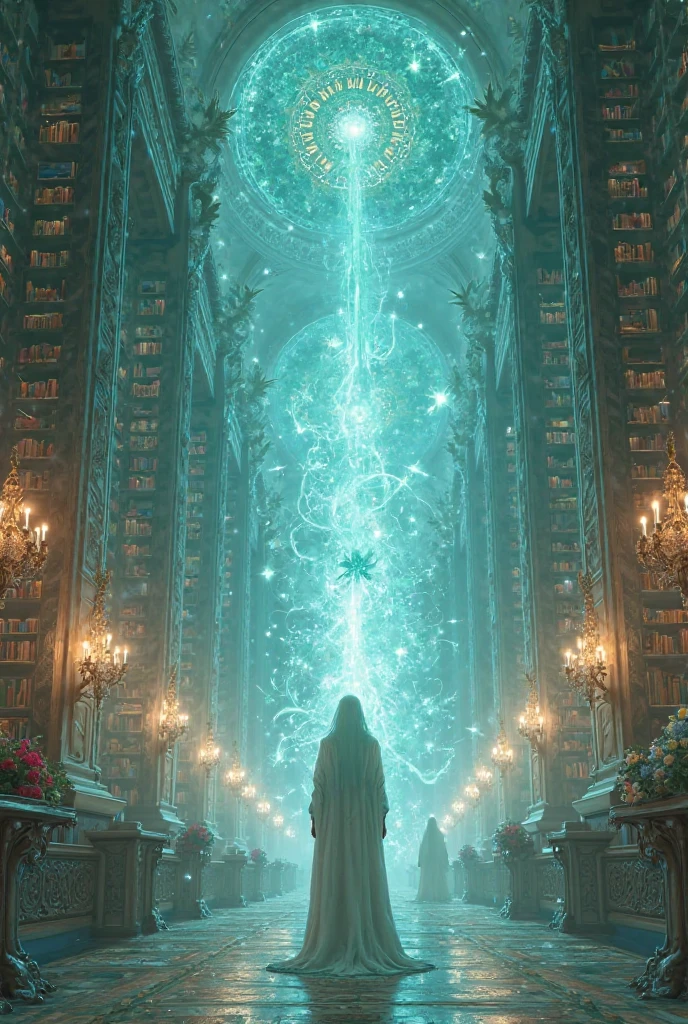 The white and turquoise library is magical and elegant. - SeaArt AI