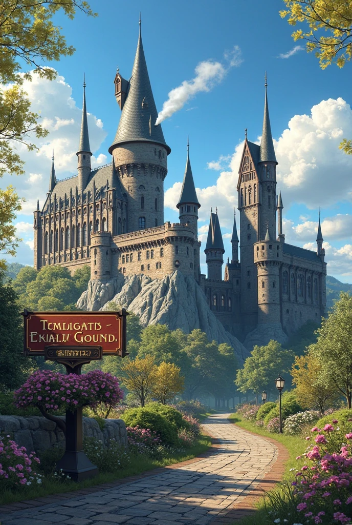 Hogwarts Castle in spring with a sign showing exactly where it says ...