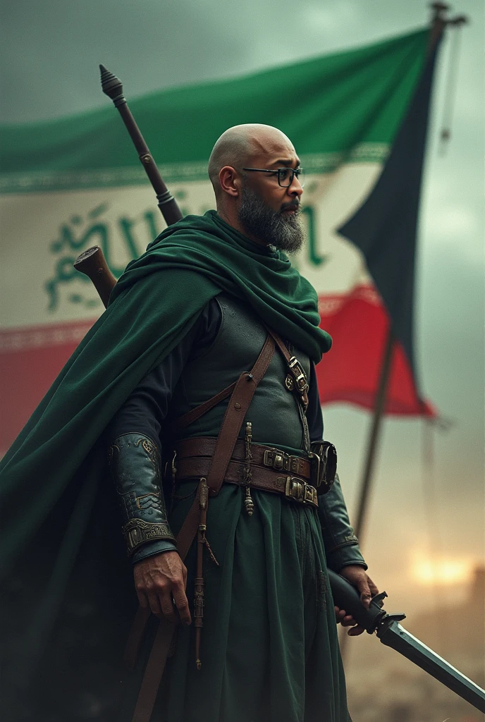 Bareheaded and battle-scarred, the warlord stands firm, a rifle slung ...