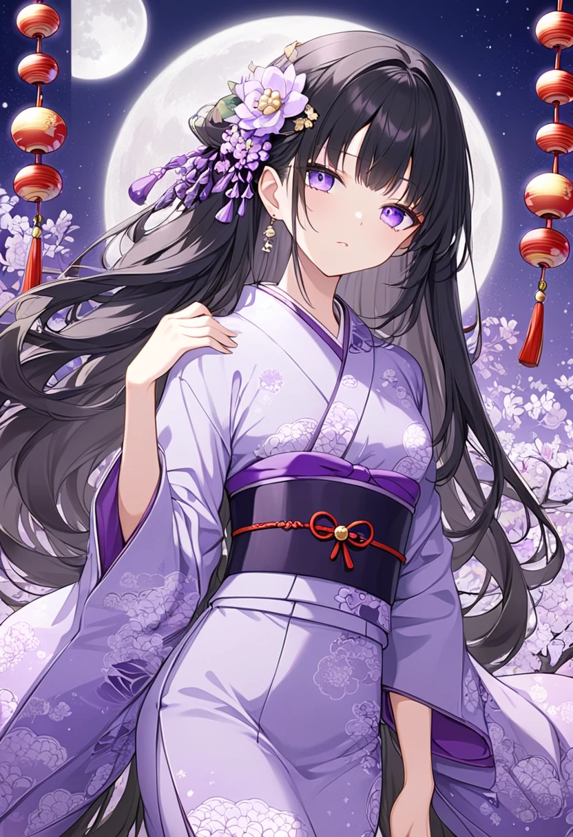 neutral、purple retro modern kimono、Moon pattern on kimono、moon ...