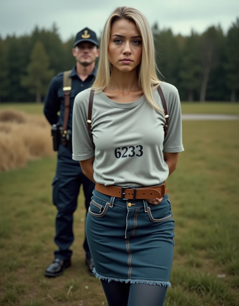 A Jail guard in uniform is attaching a full body harness with wide ...
