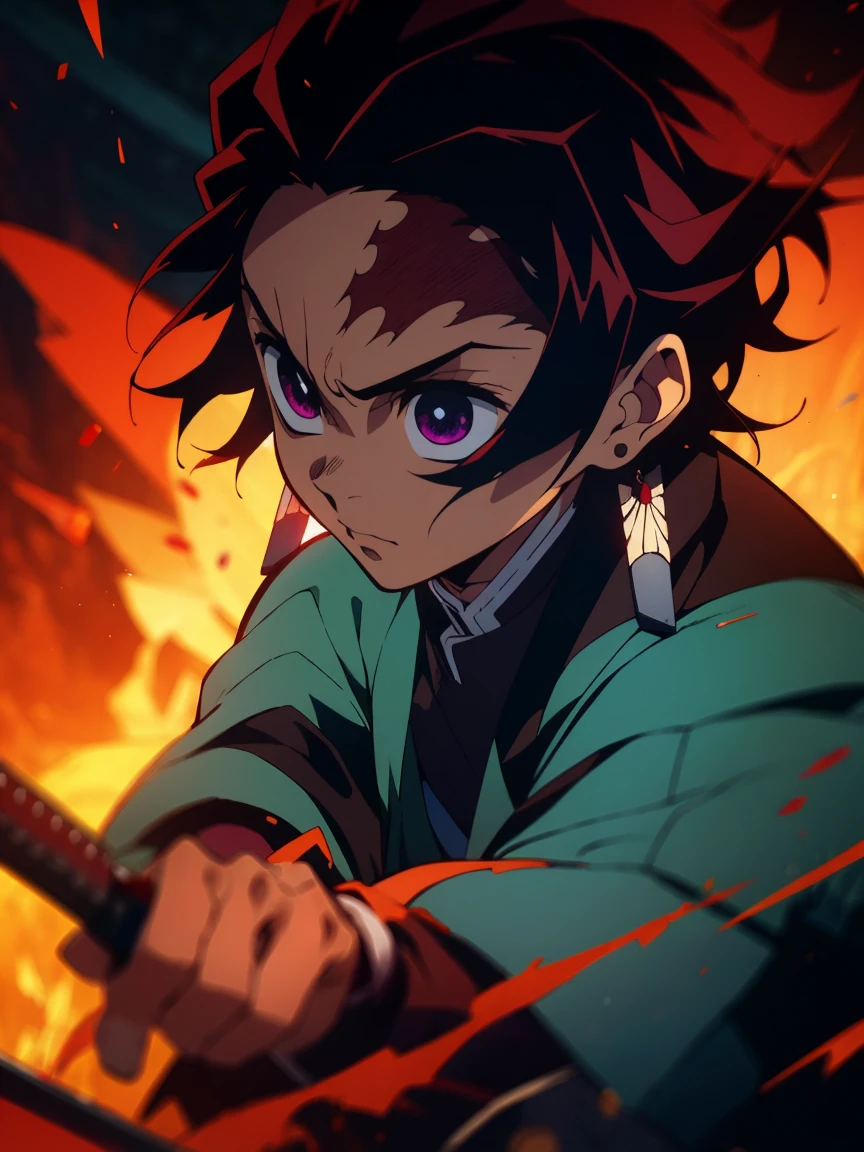 Demon Slayer, the main character Tanjiro, holding a katana., Blue and ...