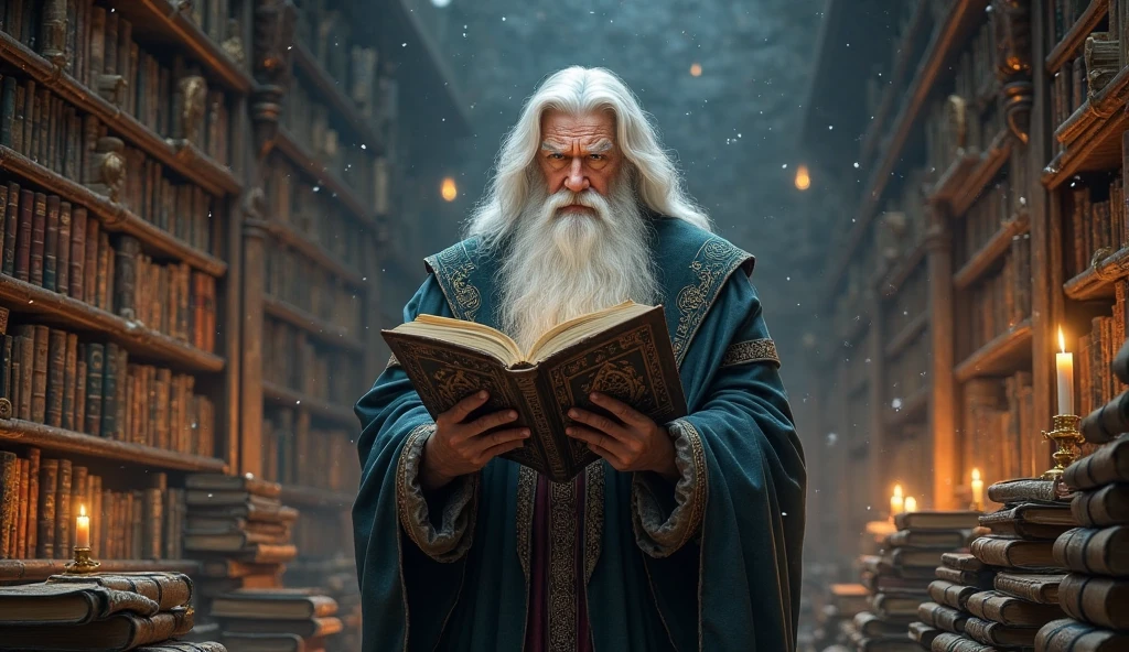 Dumbledore stands at ((full height)) reading a thick book of spells ...