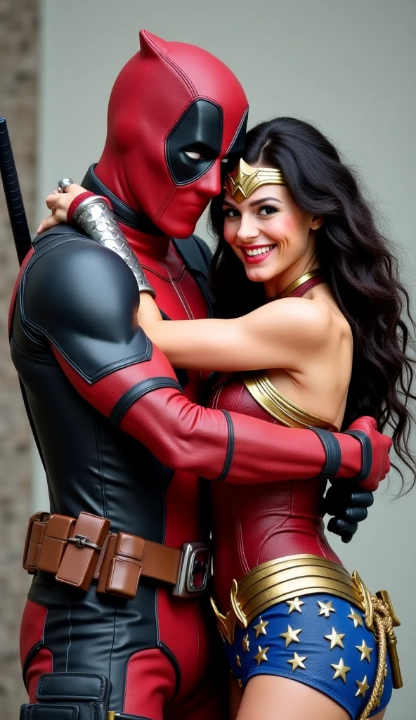 Deadpool and Wonder Woman hugging while facing the camera. Deadpool is ...