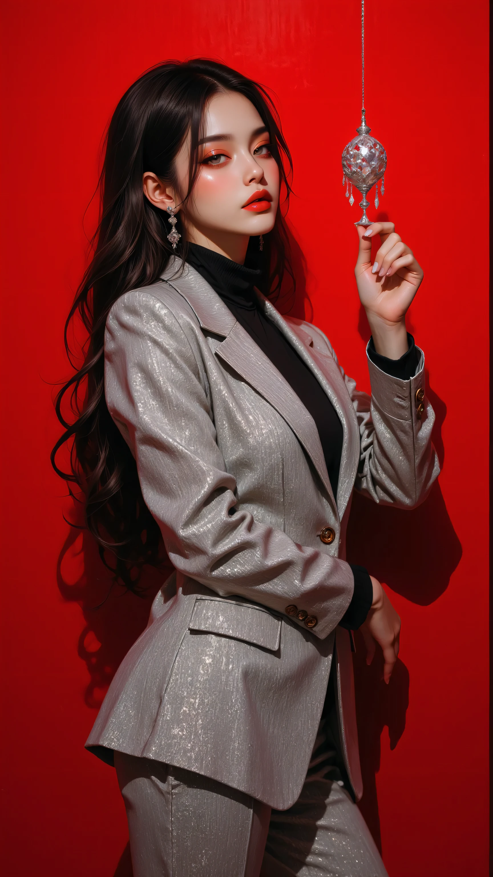 Araffe woman in a silver suit holding a silver object - SeaArt AI