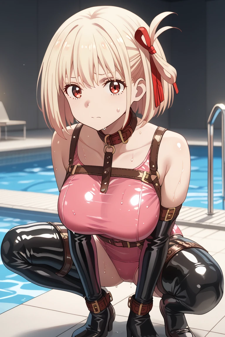 Chisato nishikigi, short hair, bangs, blonde hair, red eyes, hair ribbon - SeaArt AI