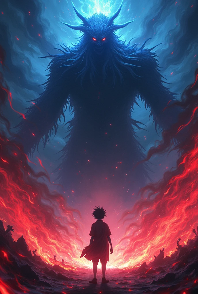 Itadori Yuji & Sukuna in the red and blue fire at night dark lights ...