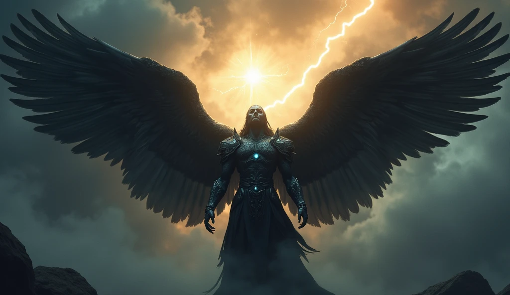 "A realistic image of a majestic and imposing black angel with large ...