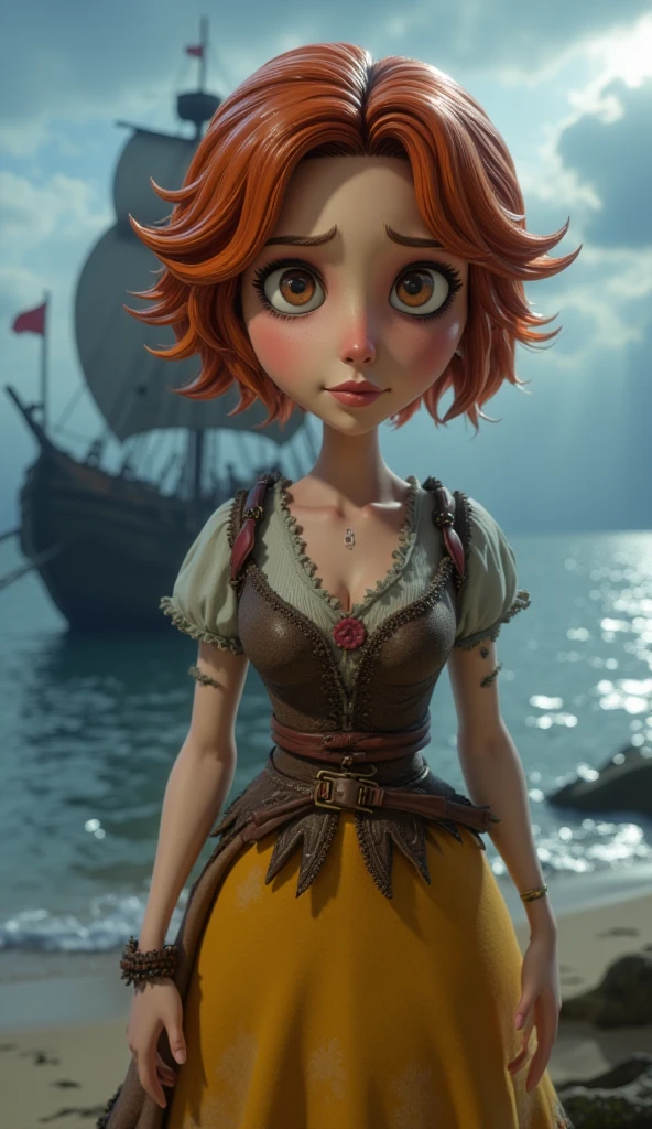 Nami, 1girl, short hair, orange hair, solo, striped shirt, yellow skirt ...