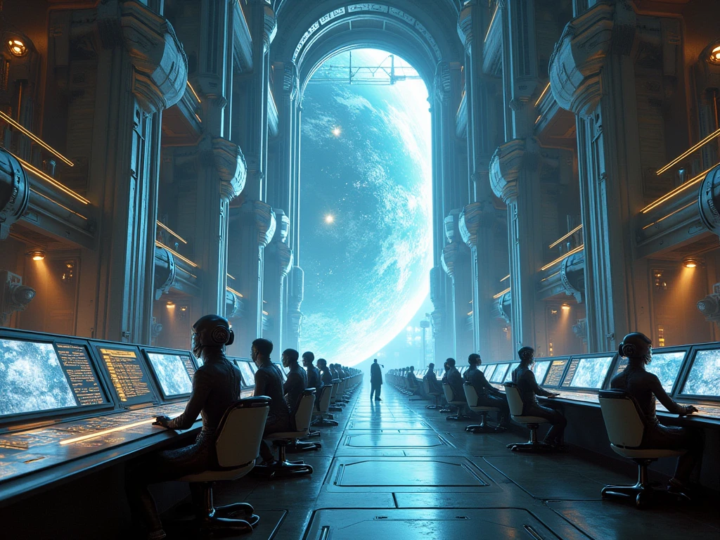 A futuristic command center deep inside a colossal alien space station ...