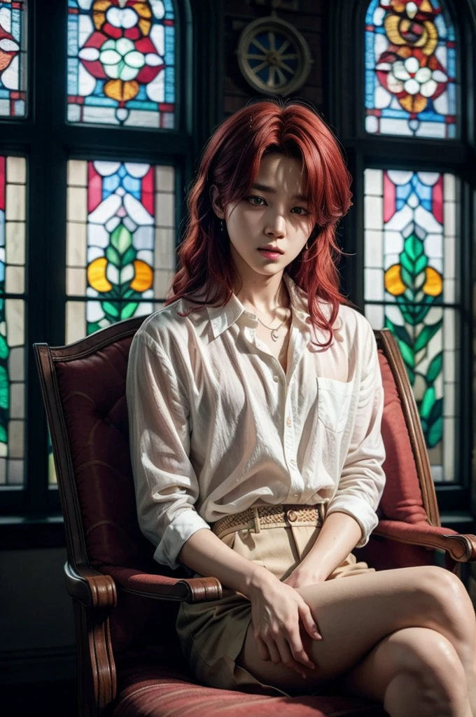 Red haired park jimin, sitting in an armchair behind a stained glass ...