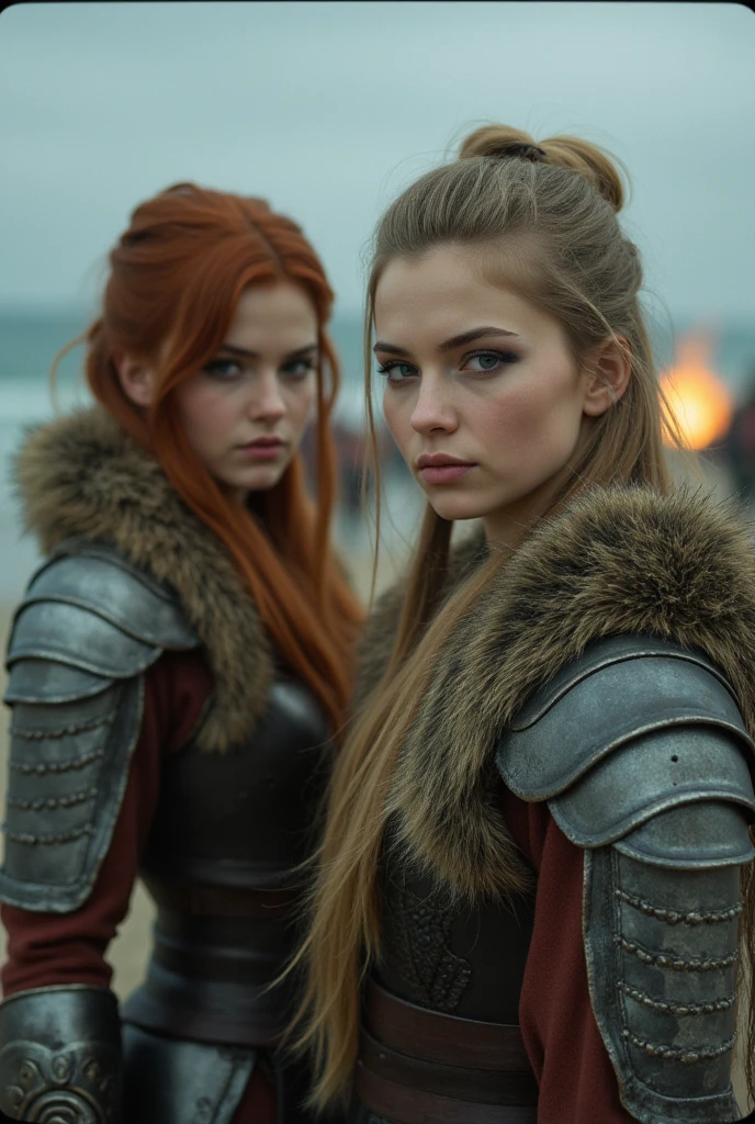 2 Viking warrior girls looking at burning ships,1 brunette and 1 red ...