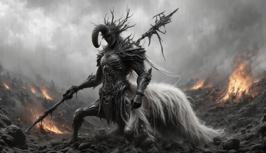 A creepy centaur with a medieval two-handed forged beautiful spear ...