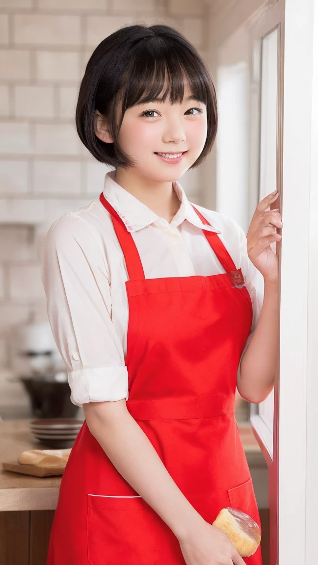 Only one woman, standing, (Staff uniform) (Red apron), /(Black hair ...