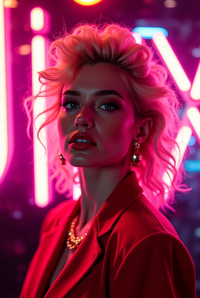 A image of a popstar with a sign saying jinx in the background in neon ...