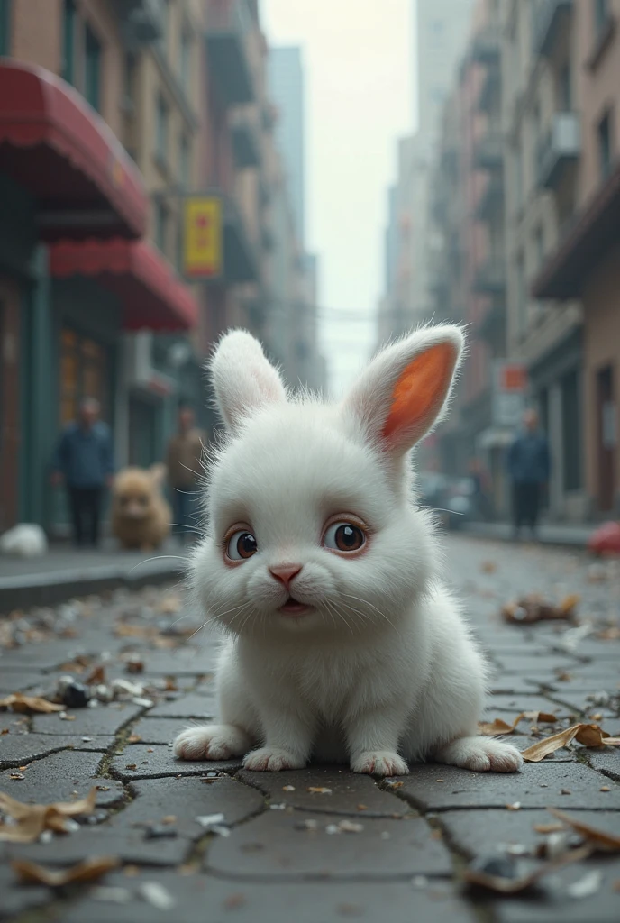 White baby rabbit crying on the street - SeaArt AI