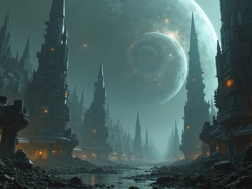 A vast, abandoned alien city with towering ruins, alien technology ...