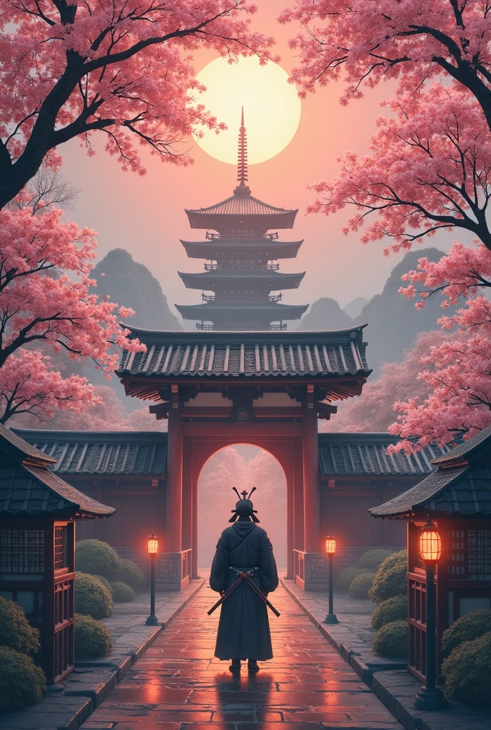 Mountain, Cherry tree, Samurai before shinto shrine , Japan temple ...