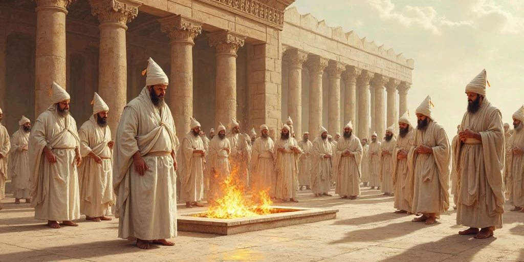 Ancient Persian religious ceremony. Priests in white robes and conical ...