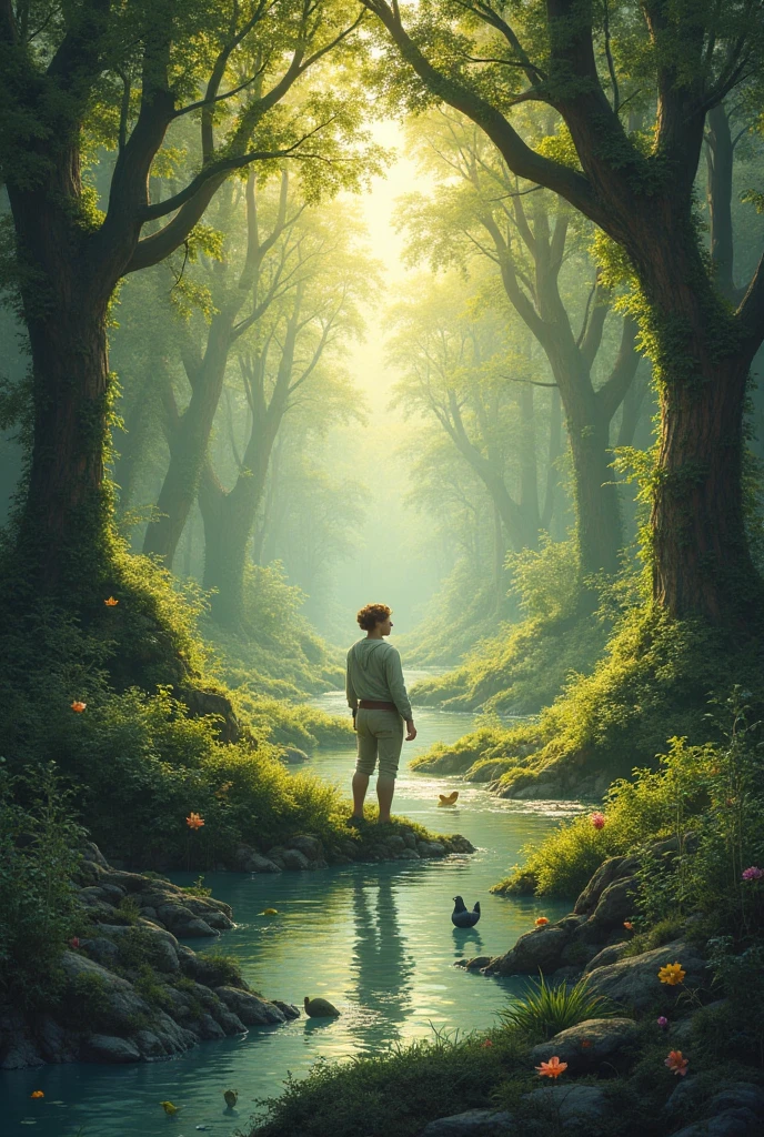 Human figure inside with a forest with trees, river and animals - SeaArt AI