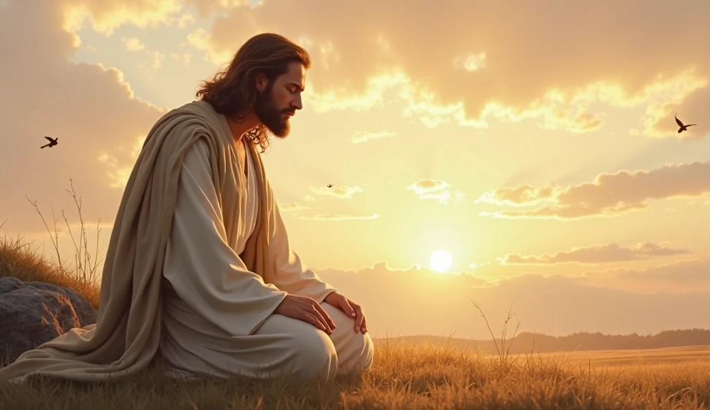 A realistic image of Jesus Christ kneeling in prayer at sunrise - SeaArt AI