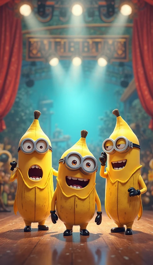 Three Minions dressed as cute bananas, They are on an illustrated stage ...