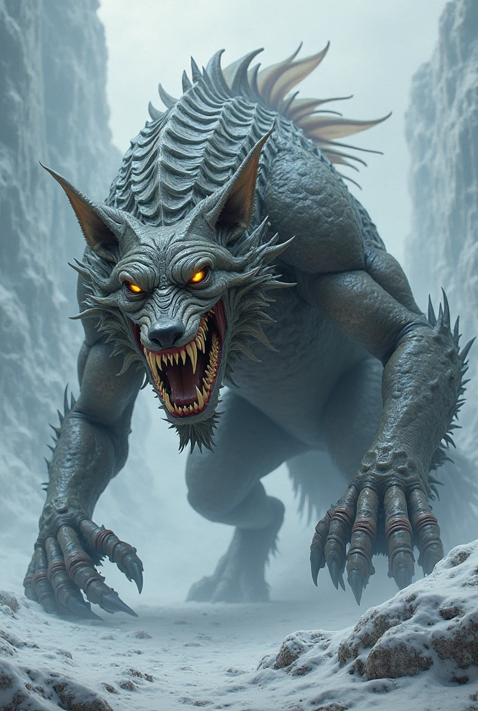 A beast from hell, a wolf, large claws, Yellow eyes, giant jaws - SeaArt AI