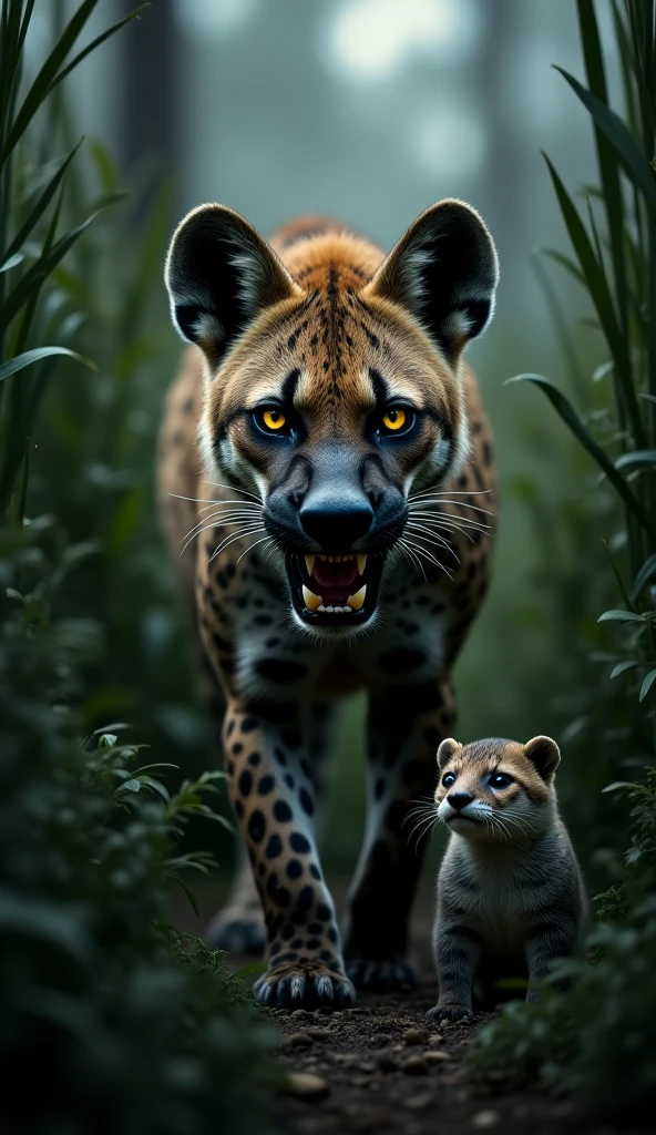 A chilling scene—tall jungle grass parts as a menacing hyena steps into ...
