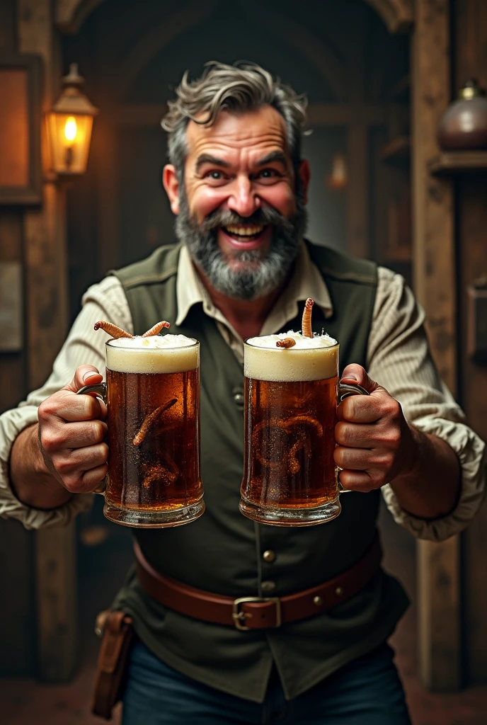 Create image of a tavern owner holding dirty beer mugs in his hands ...