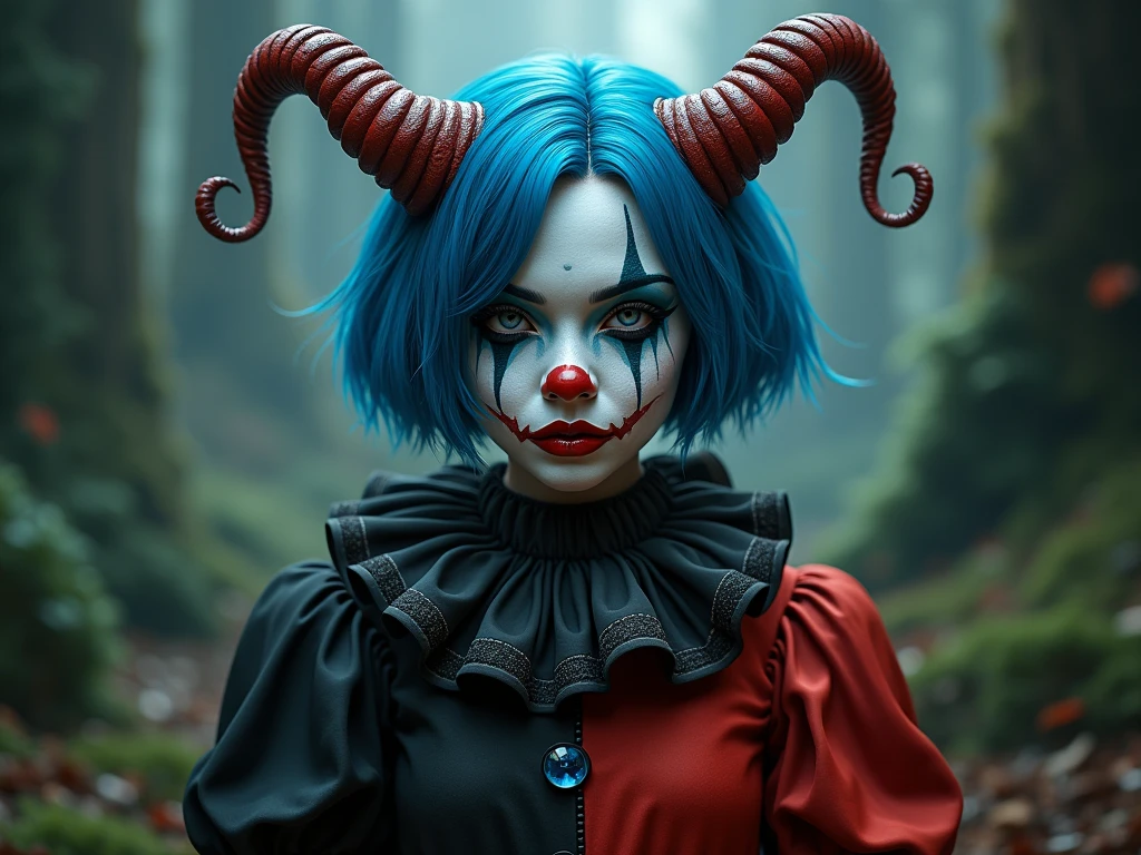 Female clown with horns on her forehead, short blue hair dressed in ...