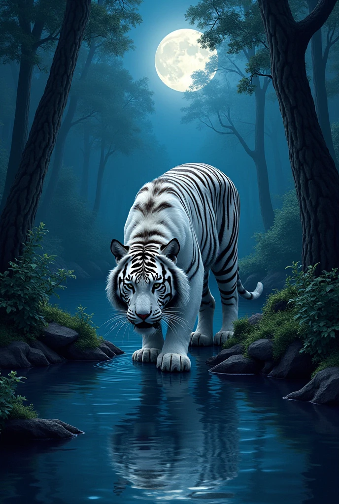 Knife art illustration of a white tiger drinking in a lake in the ...