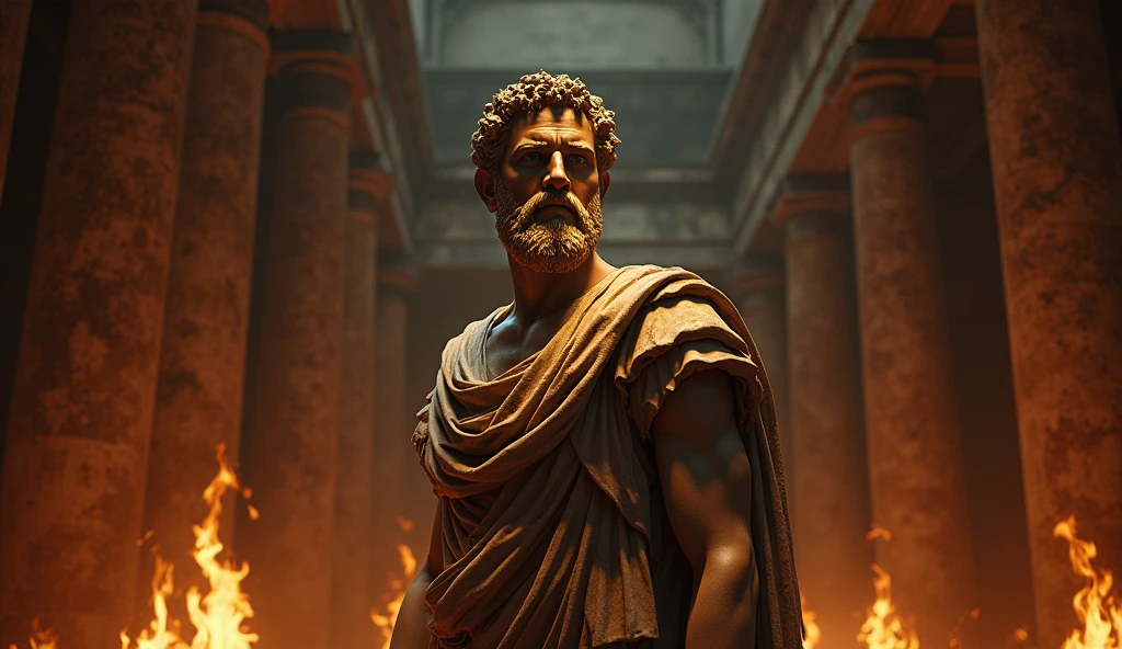 12. A fire-lit statue of Marcus Aurelius inside a dark temple - SeaArt AI