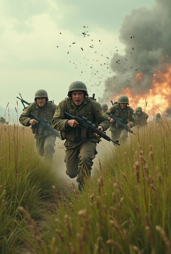 MANY SOLDIERS RUNNING IN LONG GRASS, Small FIRE EXPLOSION BEHIND THEM ...