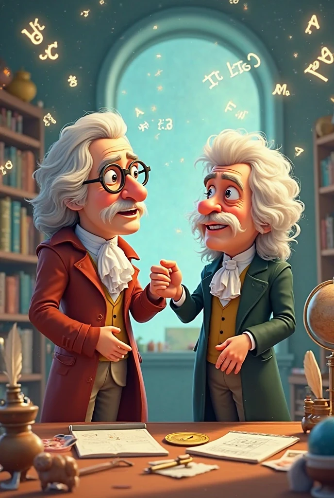 Generate a comic image of Isaac Newton and Gottfried Leibniz about ...