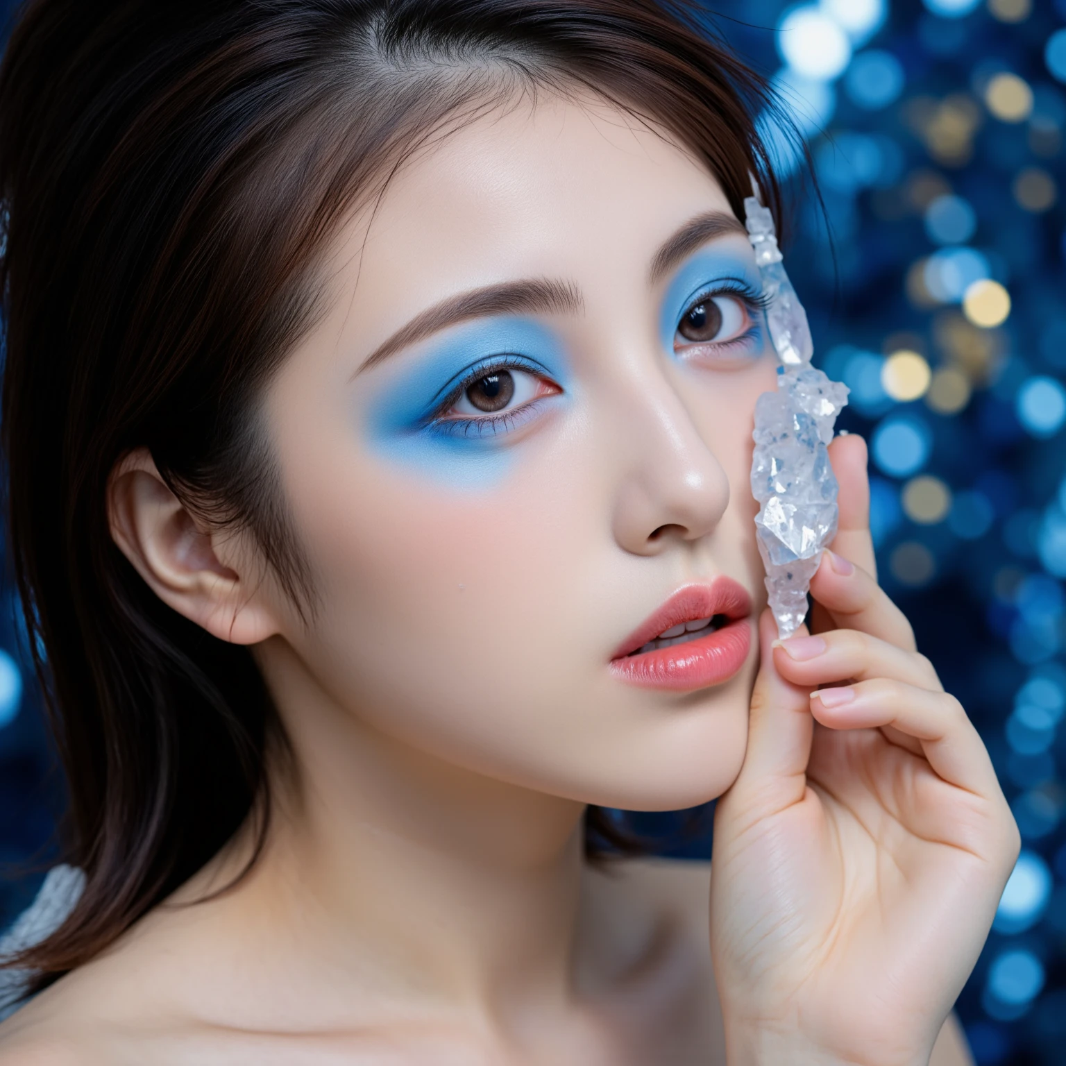 A beautiful woman with blue crystal makeup, the crystals sparkle in her ...