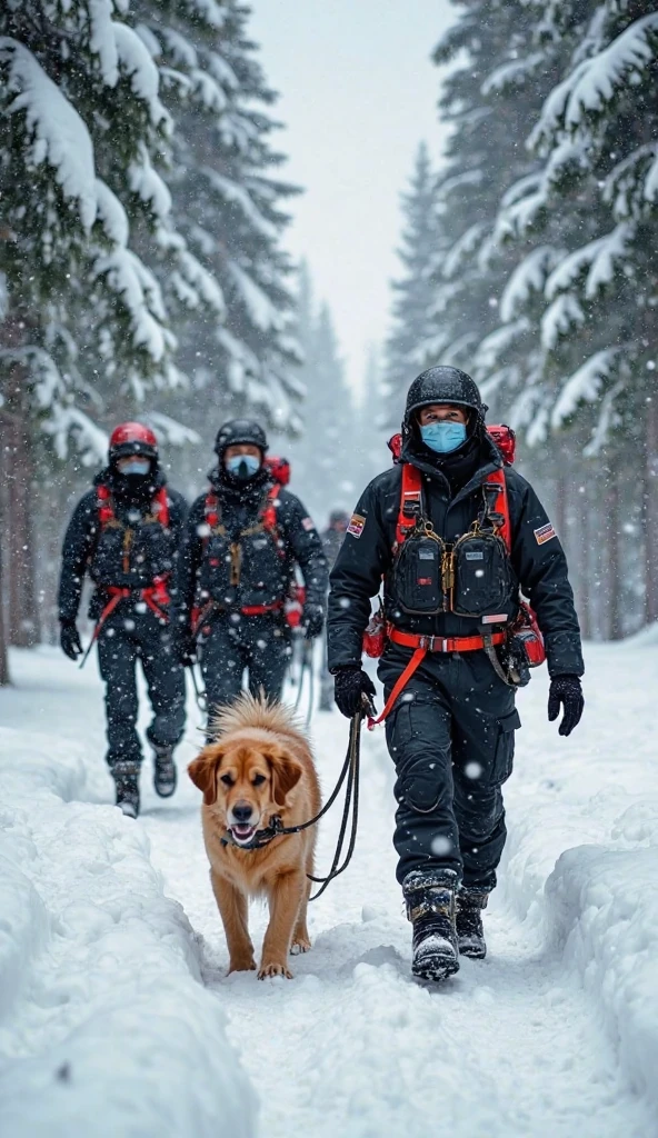 "A team of three rescue workers dressed in black uniform winter ...