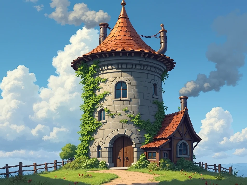 A tall, circular wizards tower with thick stone walls of weathered gray ...