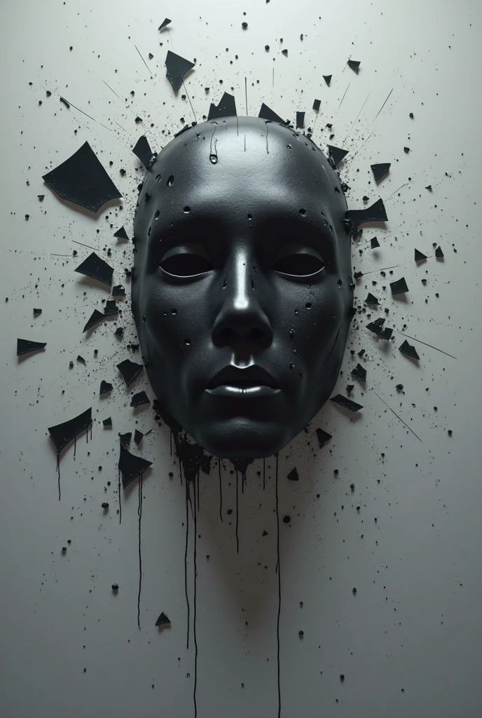 A black mask shatters on a glassy gray background - SeaArt AI