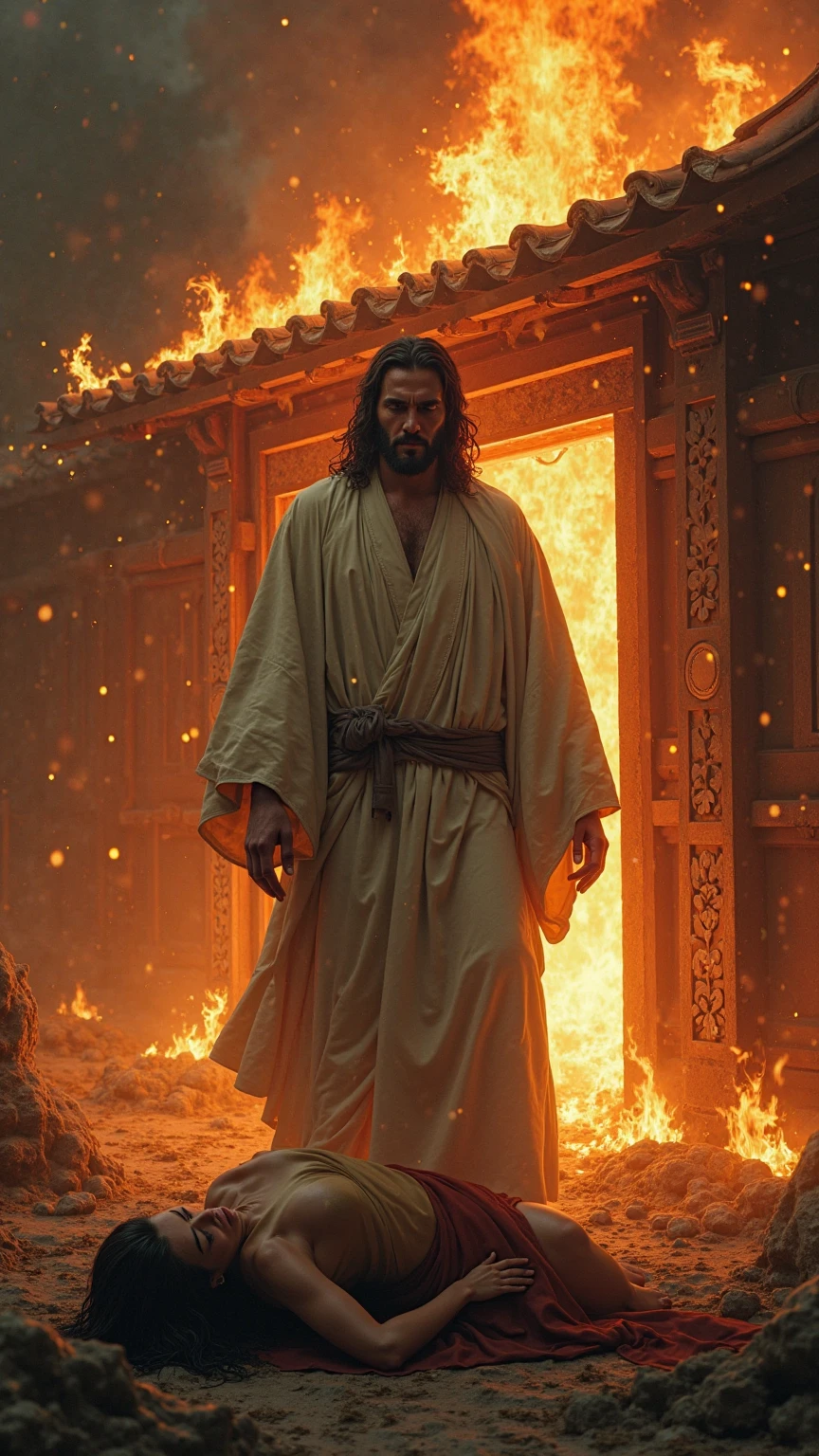 Jesus standing in a burning Japanese house, A woman is lying on the ...