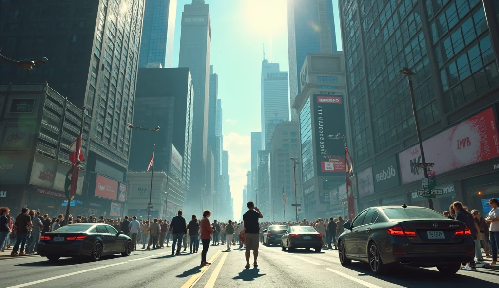 A bright, high-contrast cinematic scene set in a modern city at midday ...
