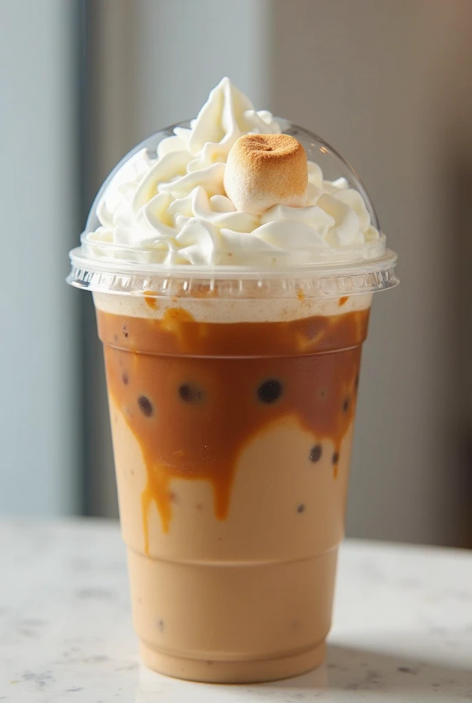 Iced coffee with whipped and 1 mallow in a 16 oz cup plastic - SeaArt AI