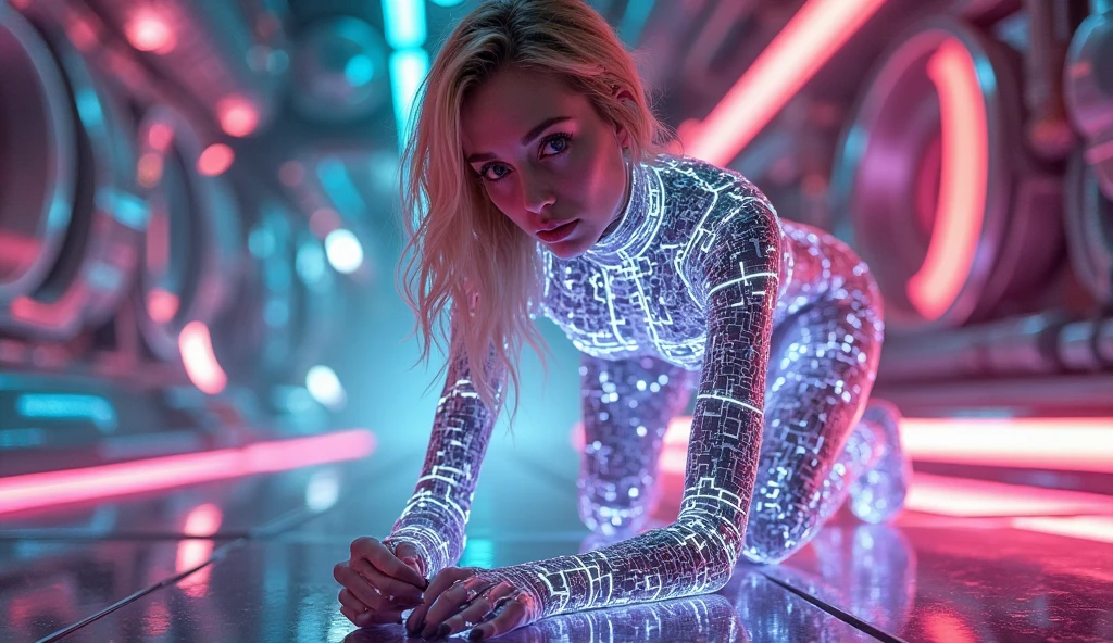 A futuristic cybernetic woman in a high-tech, neon-lit environment ...